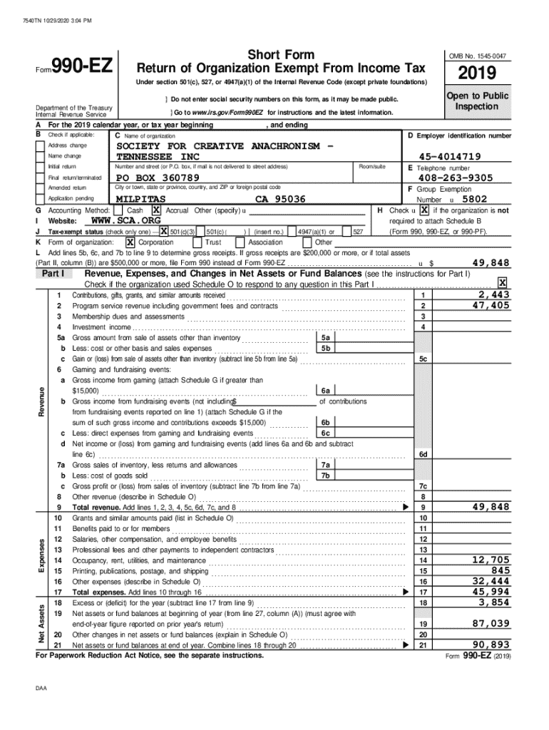 Fillable Online Form 990-ez: Short Form Return of Organization Exempt ...