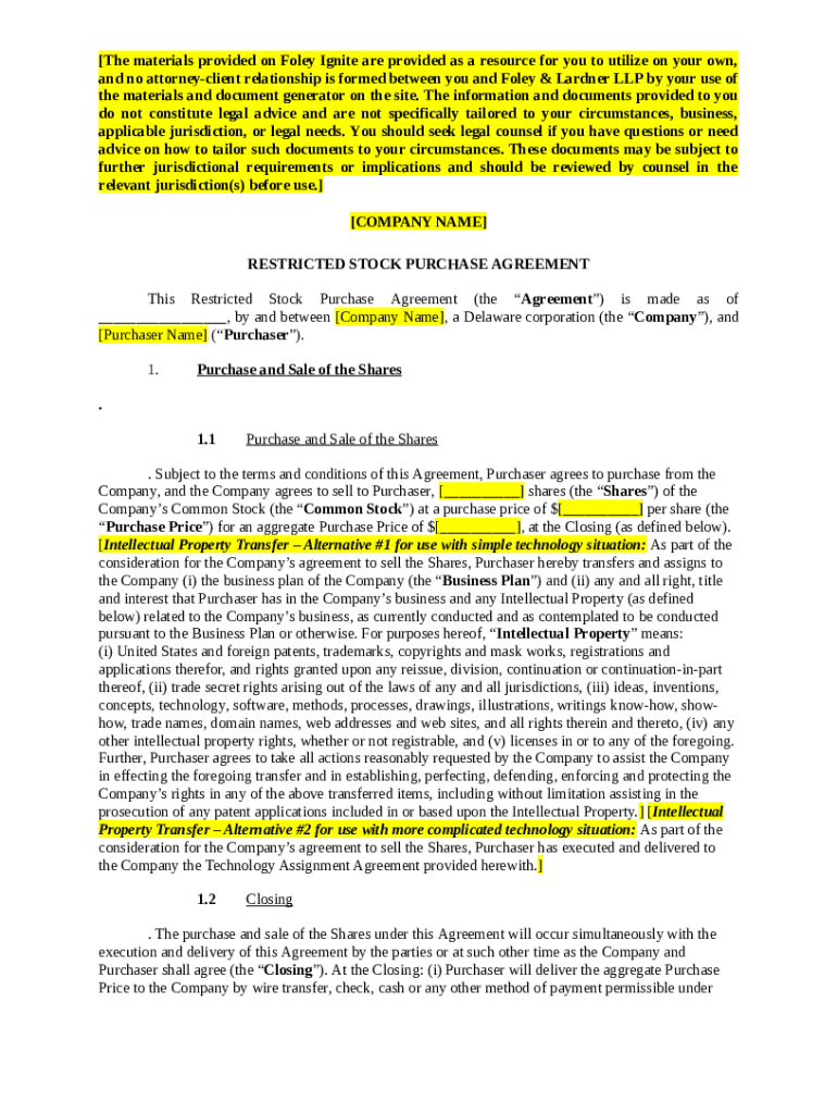 of Restricted Stock Agreement for restricted stock Doc Template | pdfFiller