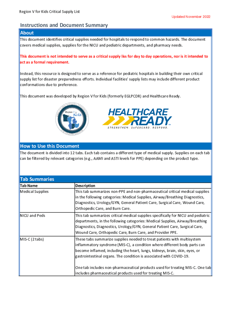 Fillable Online Region V for Kids Critical Supply List for Disaster Preparedness 2022 Fax Email ...