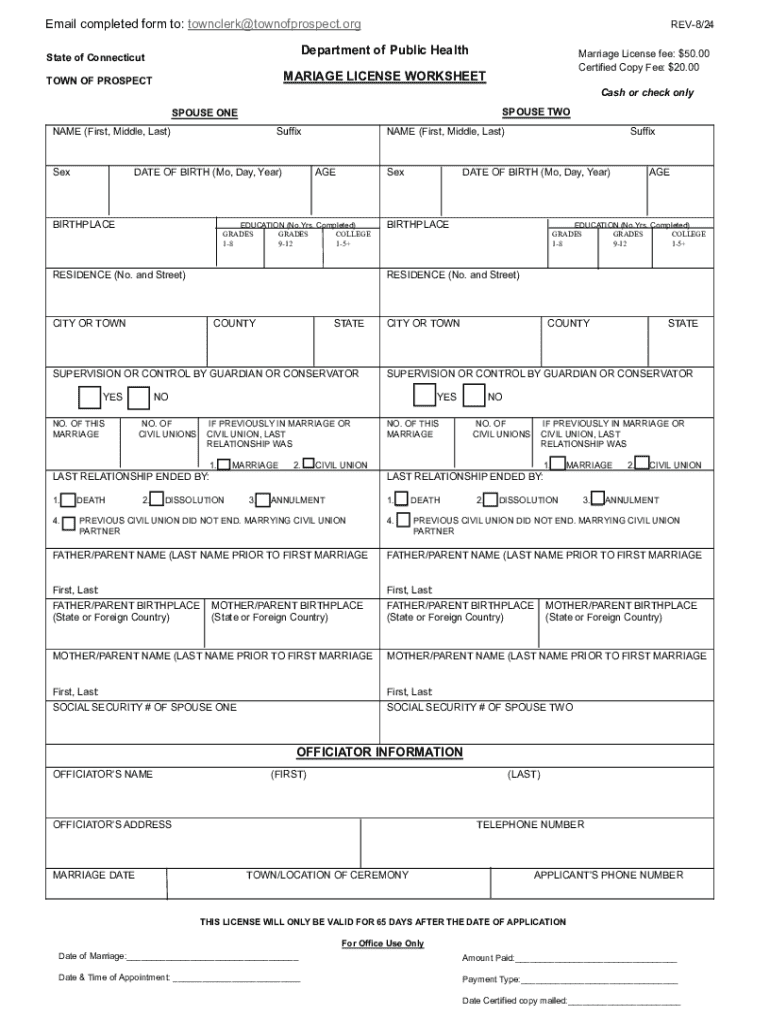 Fillable Online Marriage License Worksheet for Connecticut - 2024 Fax ...