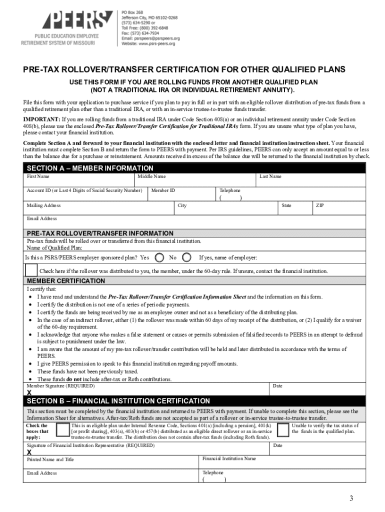 Fillable Online PEERS Other Plans Rollover or Transfer Certification form Fax Email Print ...