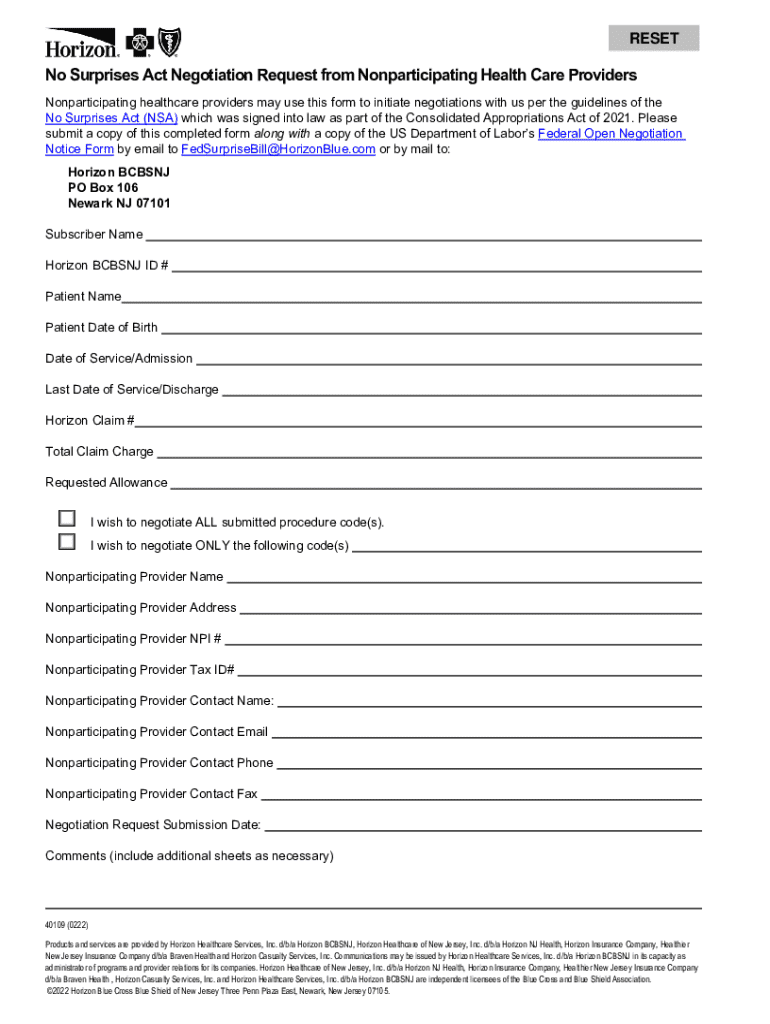 Fillable Online No Surprises Act Negotiation Request for ...