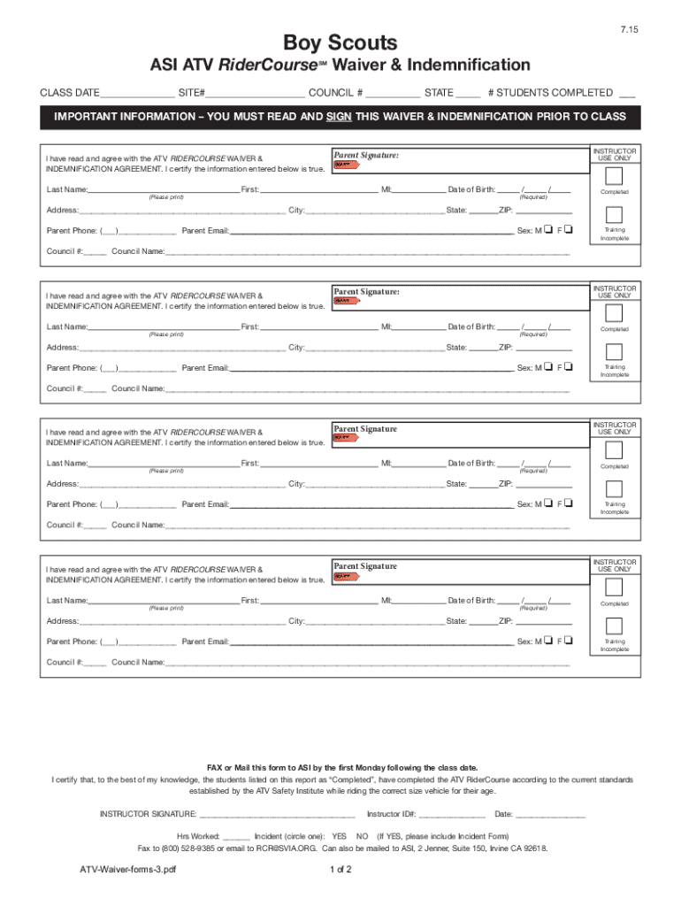 Fillable Online 2023 Asi Atv Ridercourse Waiver and Indemnification ...