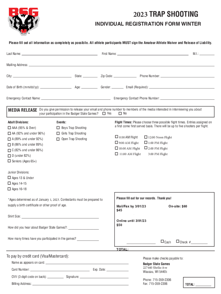 Fillable Online 2023 Trap Shooting Individual Registration - Badger ...