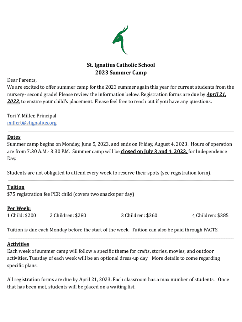 Fillable Online St. Ignatius Catholic School 2023 Summer Camp Registration Fax Email Print ...
