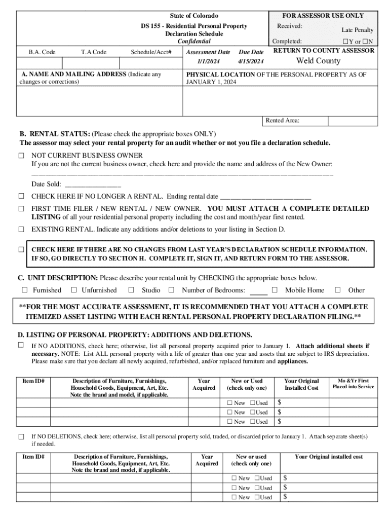 Fillable Online Residential Personal Property Declaration Schedule Ds ...
