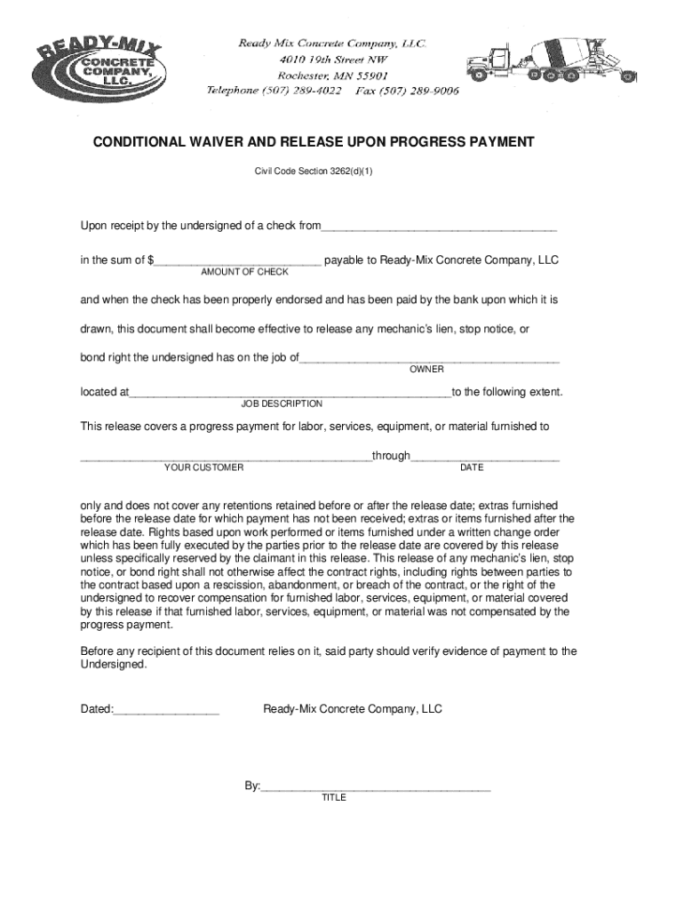 Fillable Online CONDITIONAL WAIVER AND RELEASE UPON ... Fax Email Print - pdfFiller