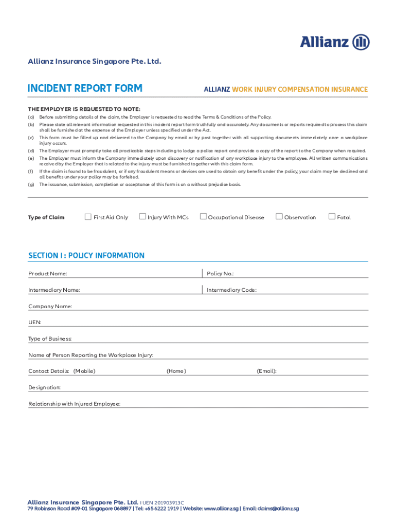 Fillable Online Allianz Insurance Singapore Work Injury Compensation Incident Report 2023 Fax ...