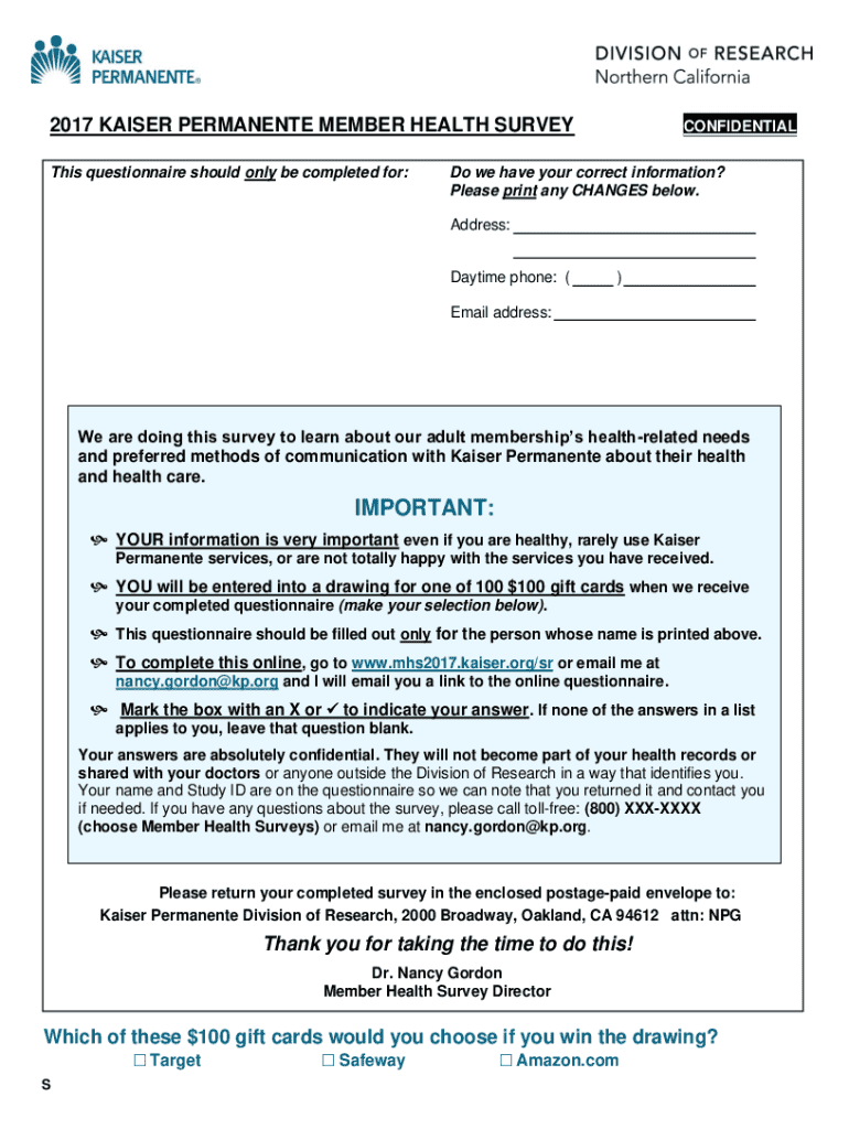 Fillable Online Kaiser Permanente Member Health Survey 2017 ...