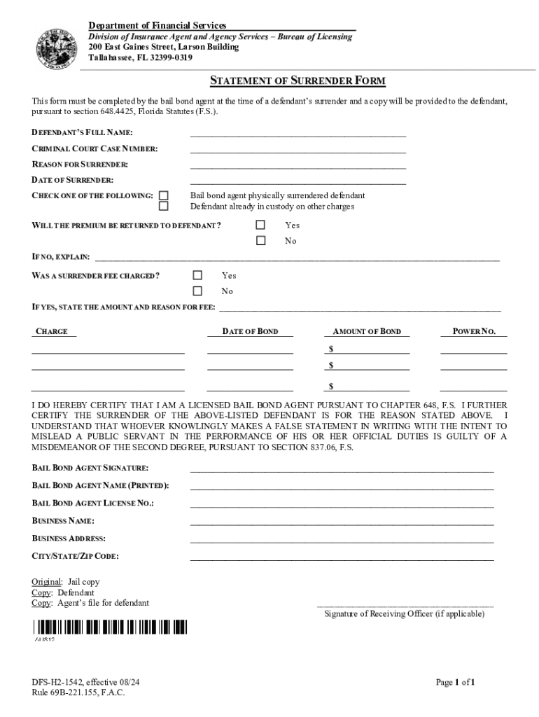 Fillable Online Statement Of Surrender Form For Bail Bond Agents 2023 Fax Email Print Pdffiller