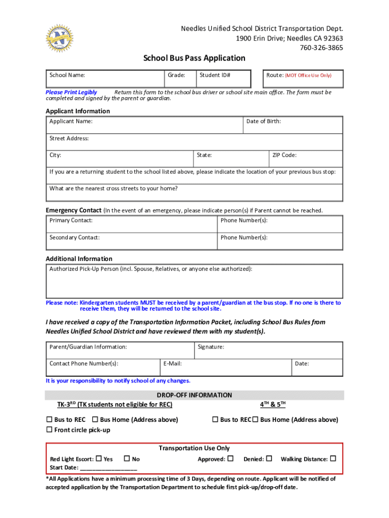 Fillable Online School Bus Pass Application - Needles Unified School ...