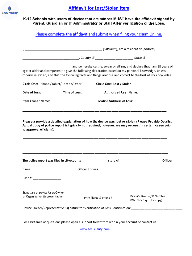 Fillable Online Affidavit for Lost/stolen Item - K-12 Schools 2023 Fax Email Print - pdfFiller