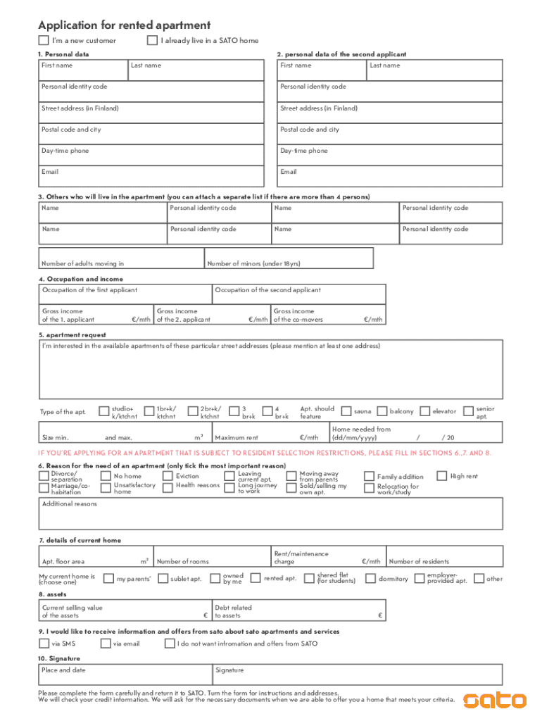 Fillable Online Application for Rented Apartment - Sato 2023 Fax Email ...