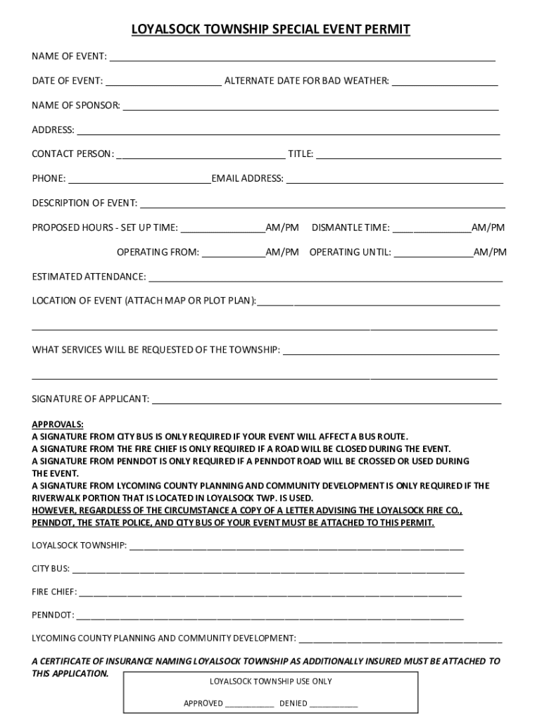 Fillable Online Loyalsock Township Special Event Permit Application 2023 Fax Email Print - pdfFiller
