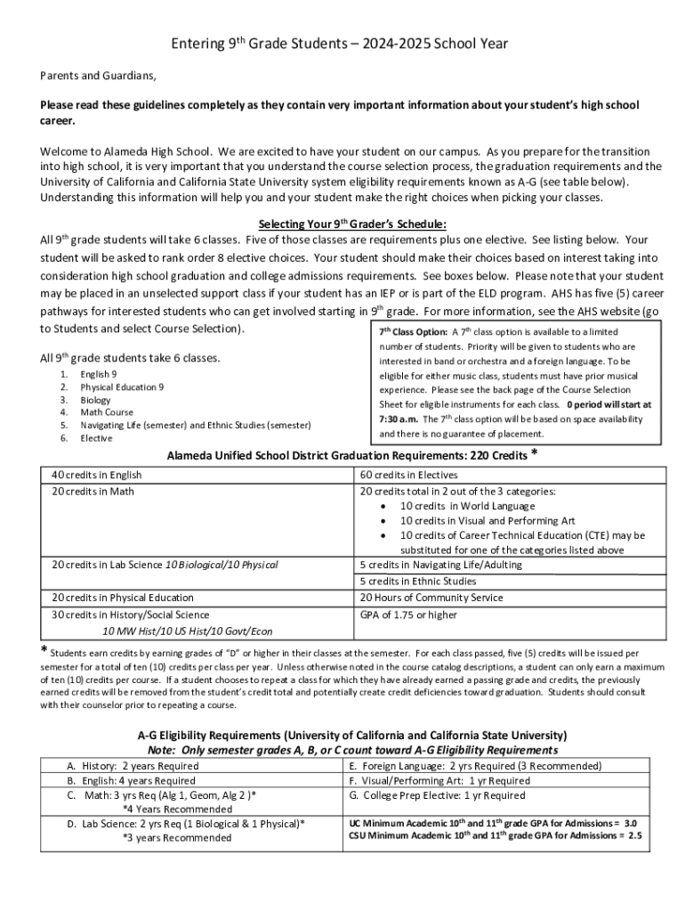 Fillable Online 9th Grade Course Selection Guidelines for 2024-2025 ...