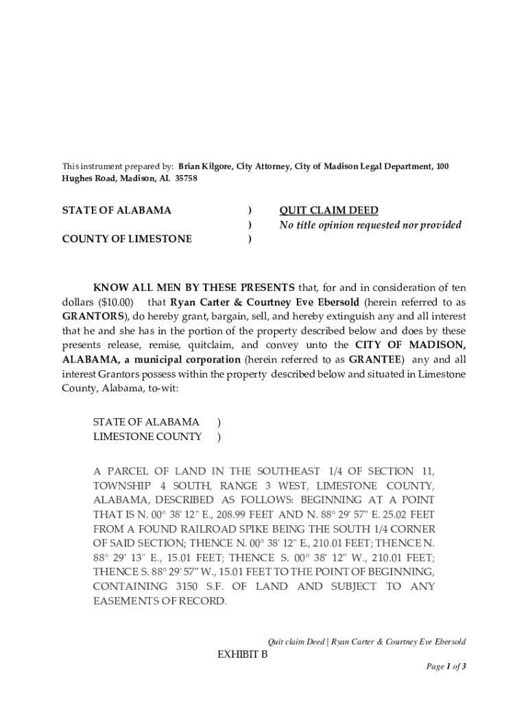 Fillable Online EXHIBIT B STATE OF ALABAMA ) QUIT CLAIM DEED ) No title ... Fax Email Print ...