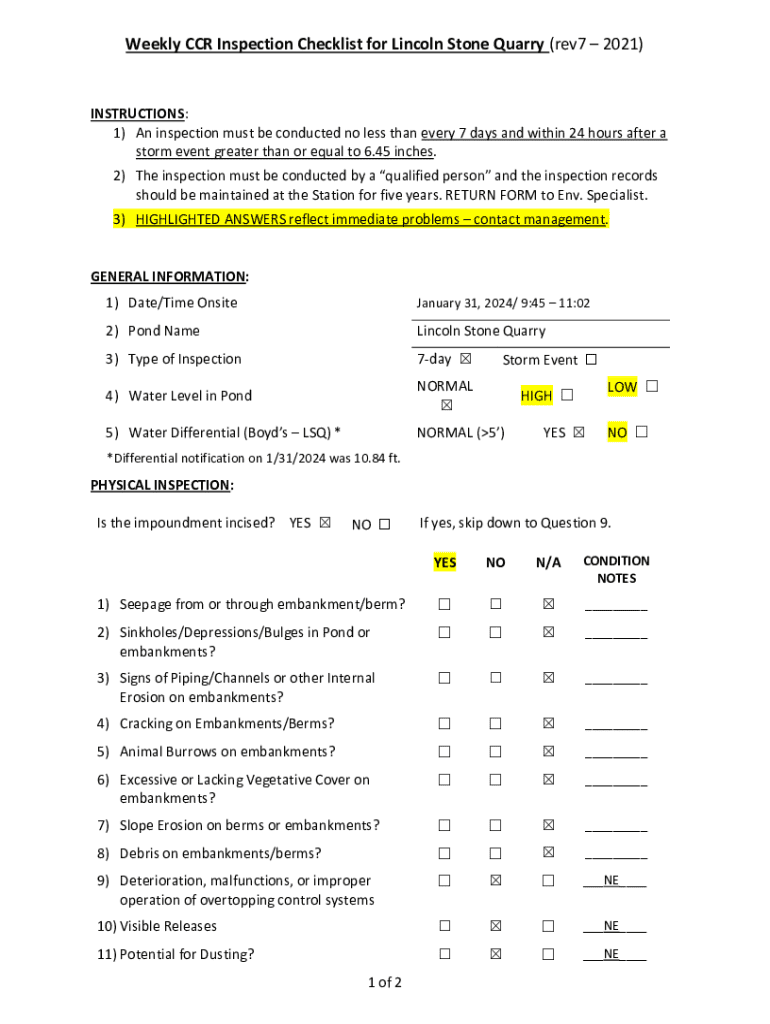 Fillable Online Weekly CCR Inspection Checklist for Lincoln Stone ...