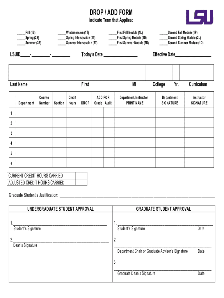 Fillable Online 2023 Drop/add Form for Course Registration - Lsuid Fax Email Print - pdfFiller