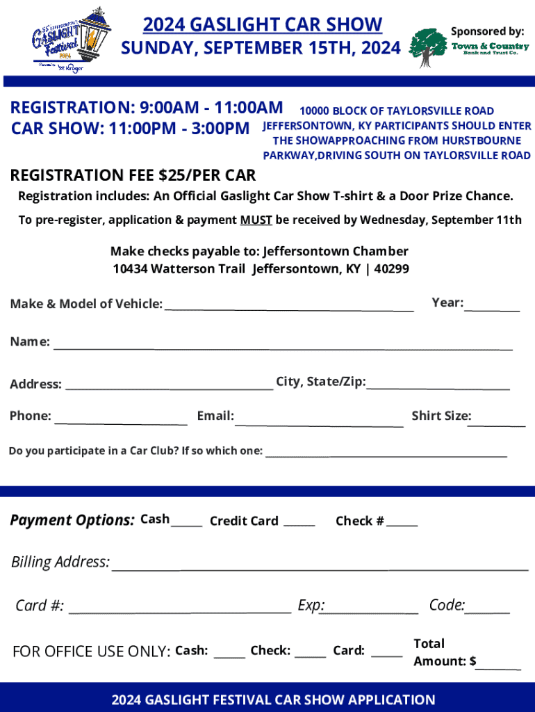Fillable Online Gaslight Festival Car Show Sponsored by Town & Country ...