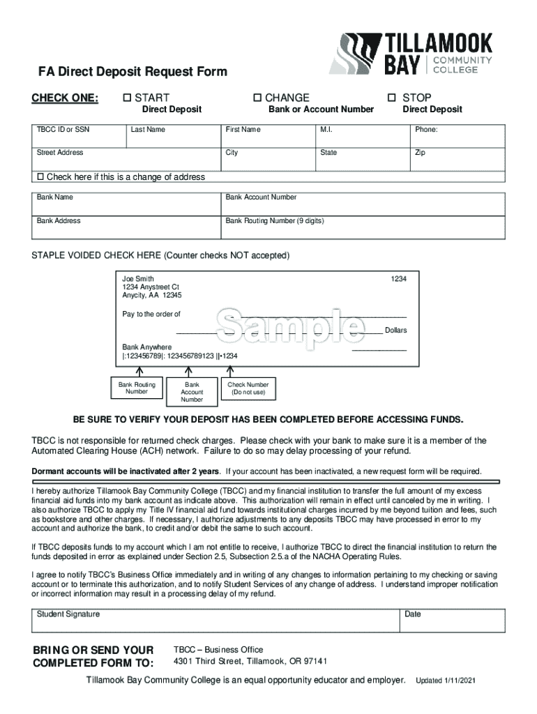 Fillable Online FA Direct Deposit Request Form - CHECK ONE Fax Email ...