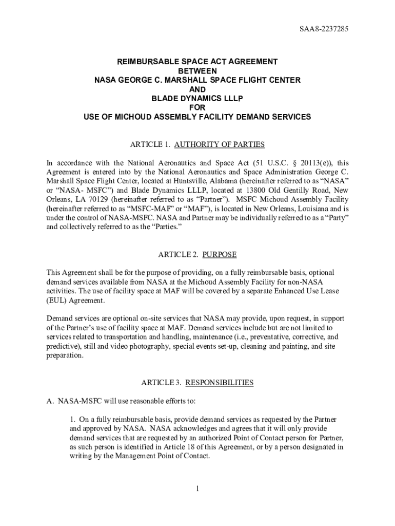 Fillable Online Reimbursable Space Act Agreement 2023 Between Nasa and Blade Dynamics for ...