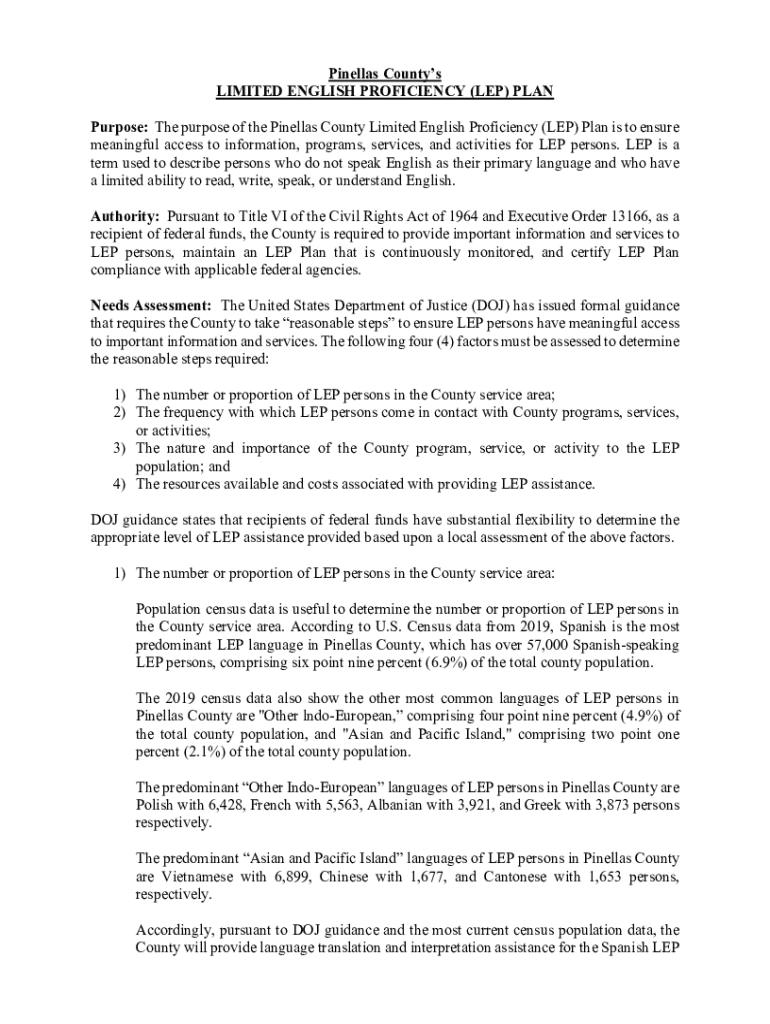 Fillable Online Pinellas County Limited English Proficiency Plan 2022 ...