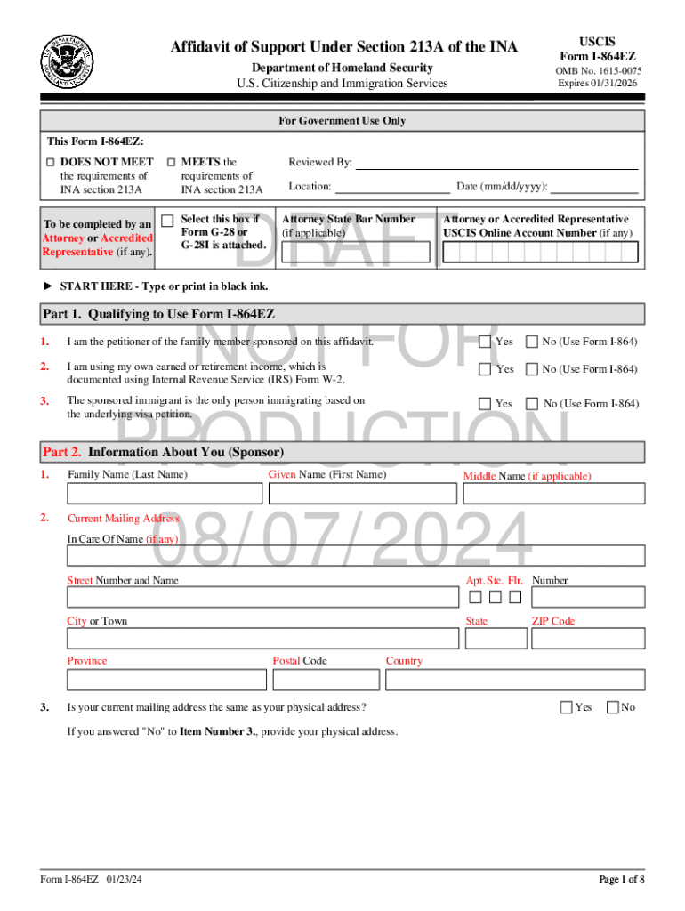 Fillable Online Form I-864EZ, Affidavit of Support Under Section 213A of the INA. Contract ...