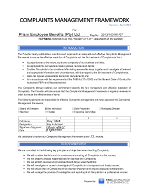 Fillable Online Complaints Management Framework 2021: Effective ...