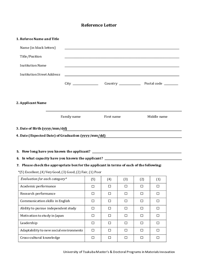 Fillable Online Reference Letter for University of Tsukuba Master's & Doctoral Programs 2023 Fax ...