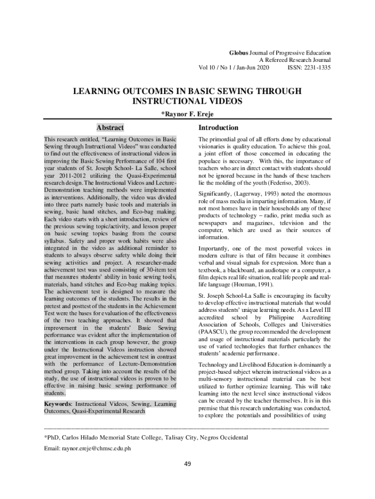 Fillable Online learning outcomes in basic sewing through instructional ...