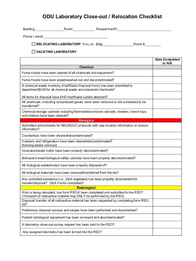 Fillable Online Lab Relocate/Check-Out form. Form to use when relocating or closing out a lab ...