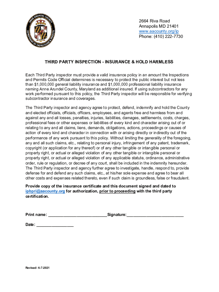 Fillable Online third party inspection - insurance & hold harmless Fax ...