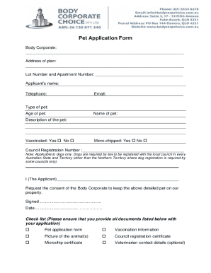 Fillable Online 2023 Pet Application Form for Body Corporate Approval ...