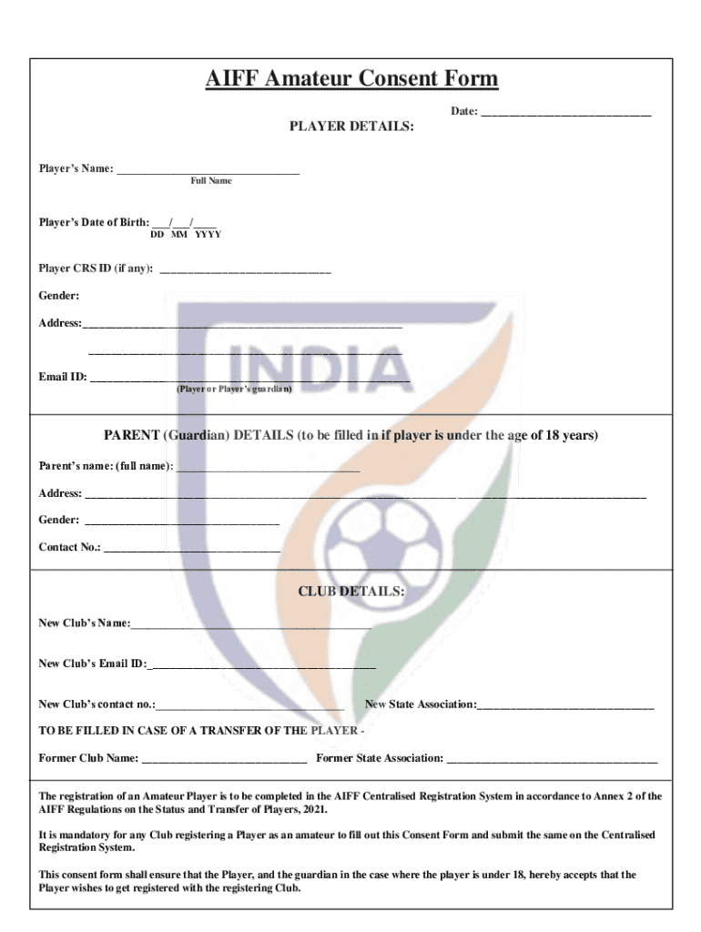 Fillable Online Amateur Consent Form - PLAYER DETAILS Fax Email Print ...