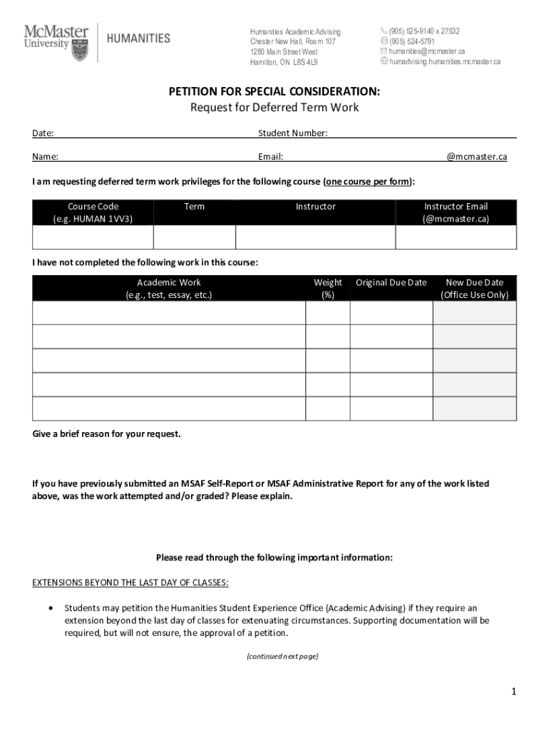 Fillable Online 2023 Mcmaster University Request for Deferred Term Work Fax Email Print - pdfFiller
