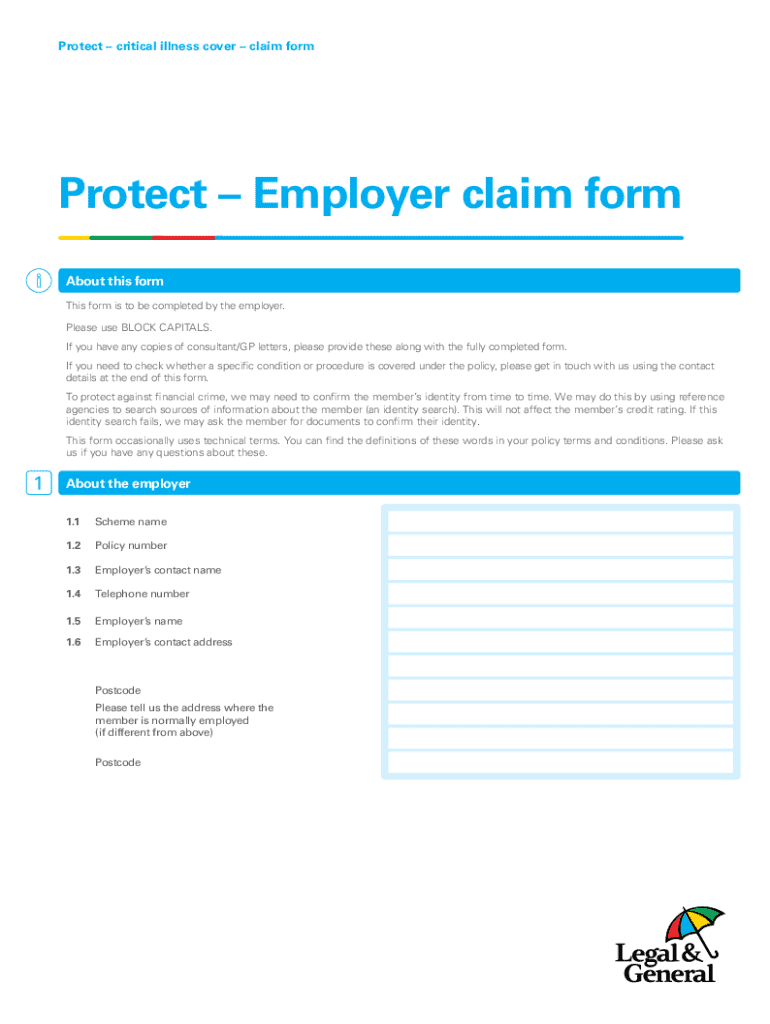 Fillable Online Protect Employer Claim Form for Critical Illness Cover ...