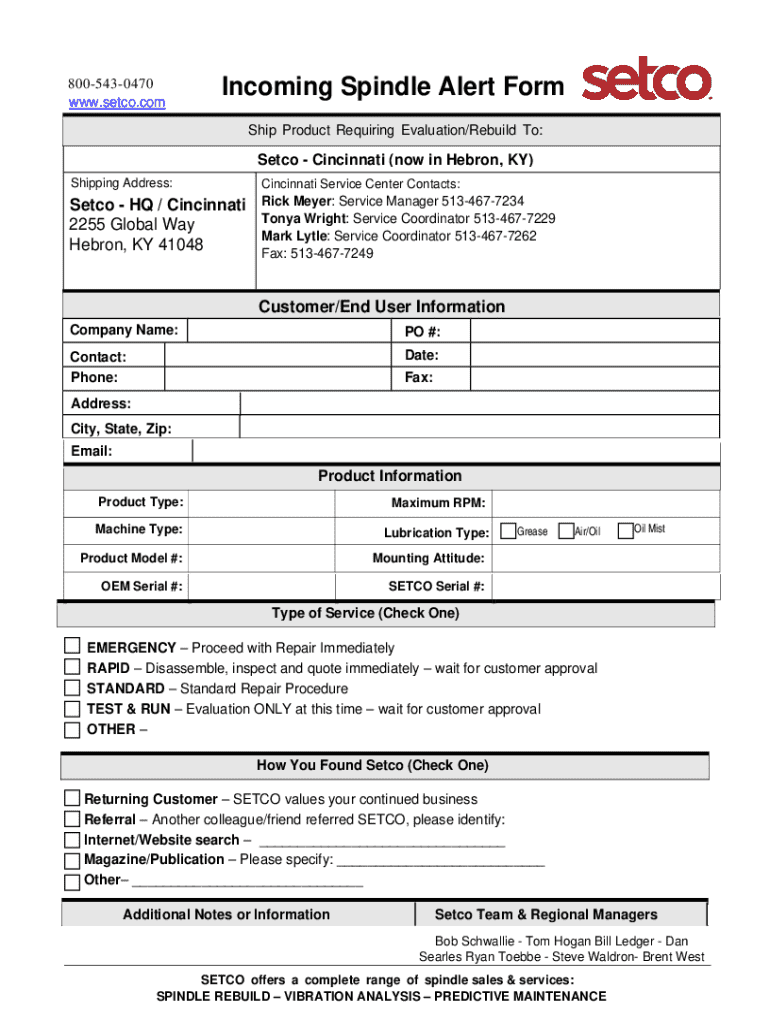Fillable Online Setco: Precision Spindle Repair & RebuildSlide Repair ...