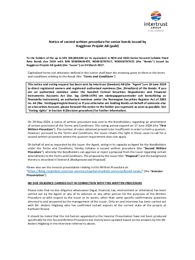 Fillable Online Notice of second written procedure for senior bonds ...