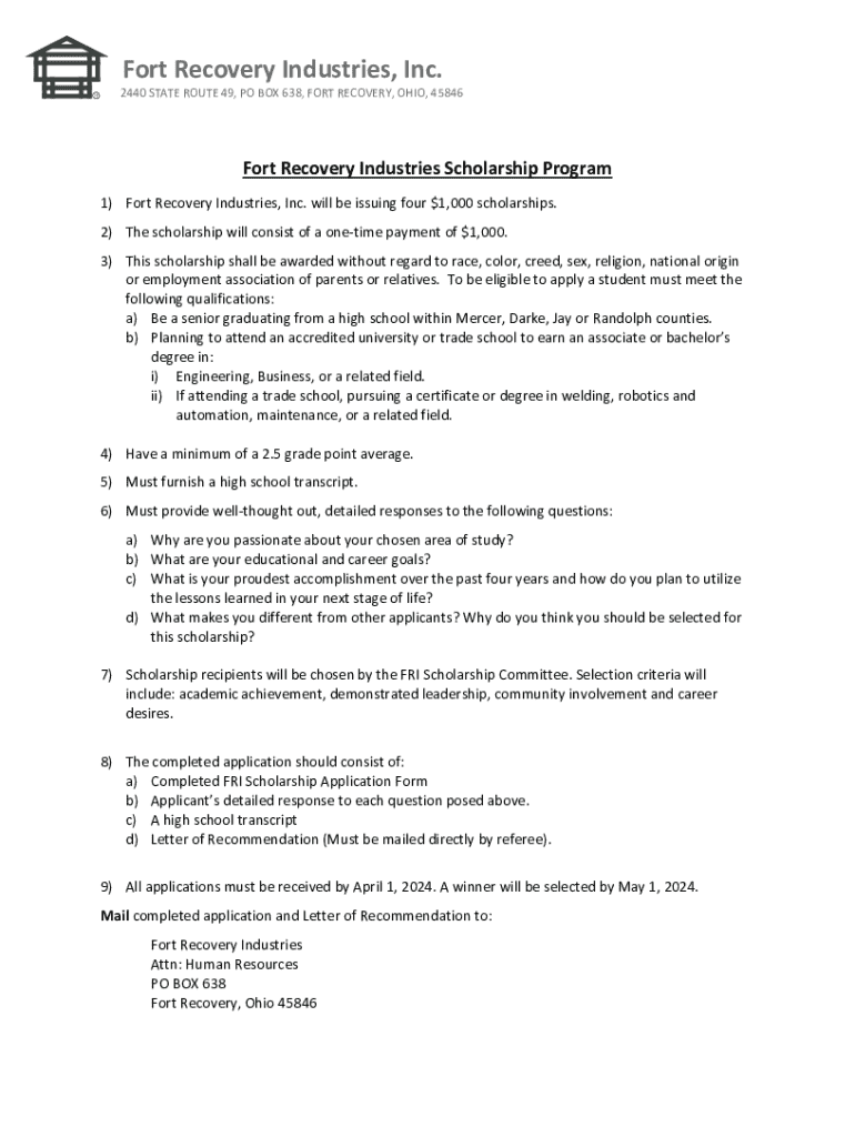 Fillable Online Fort Recovery Industries Scholarship Program 2024 - $1000 Scholarships for ...
