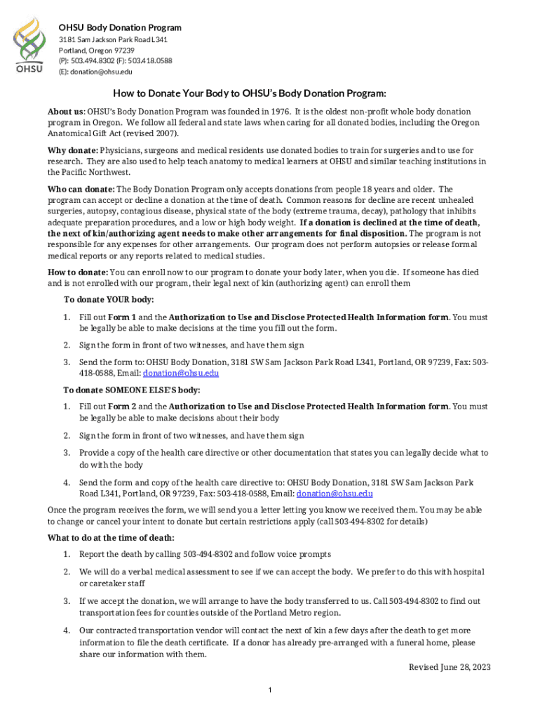 Fillable Online Ohsu Body Donation - Fill Online, Printable, Fillable ...