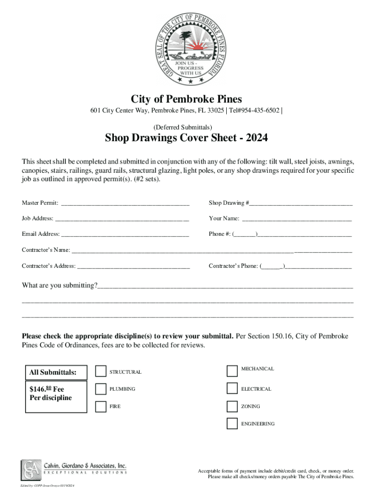Fillable Online City of Pembroke Pines Shop Drawings Cover Sheet - 2024 Fax Email Print - pdfFiller