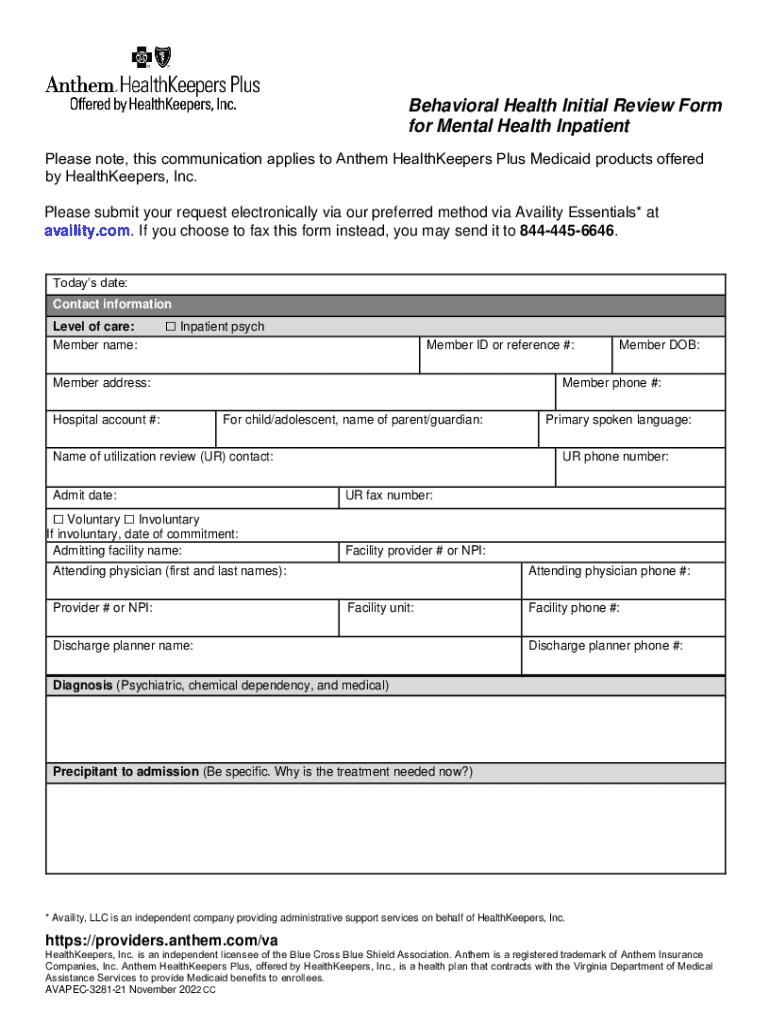 Fillable Online Behavioral Health Initial Review Form for Mental Health ...