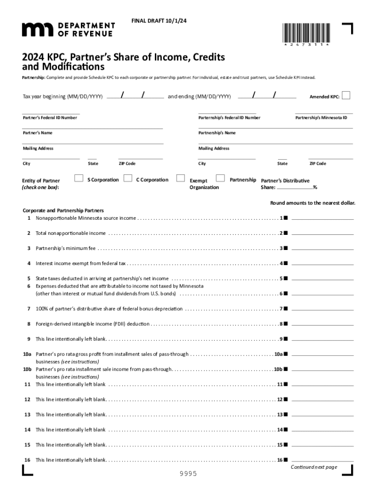 Fillable Online 2024 Kpc Partner's Share of Income, Credits and Modifications Guide Fax Email ...
