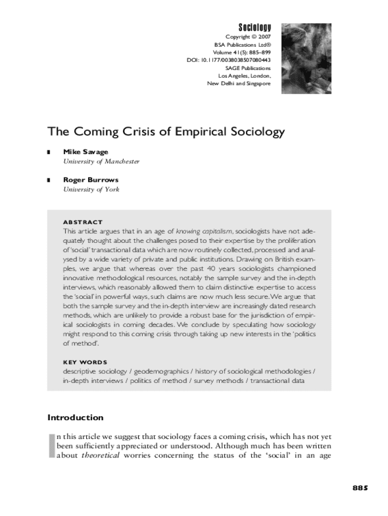Fillable Online Roger Burrows and Mike Savage: The coming crisis of ...