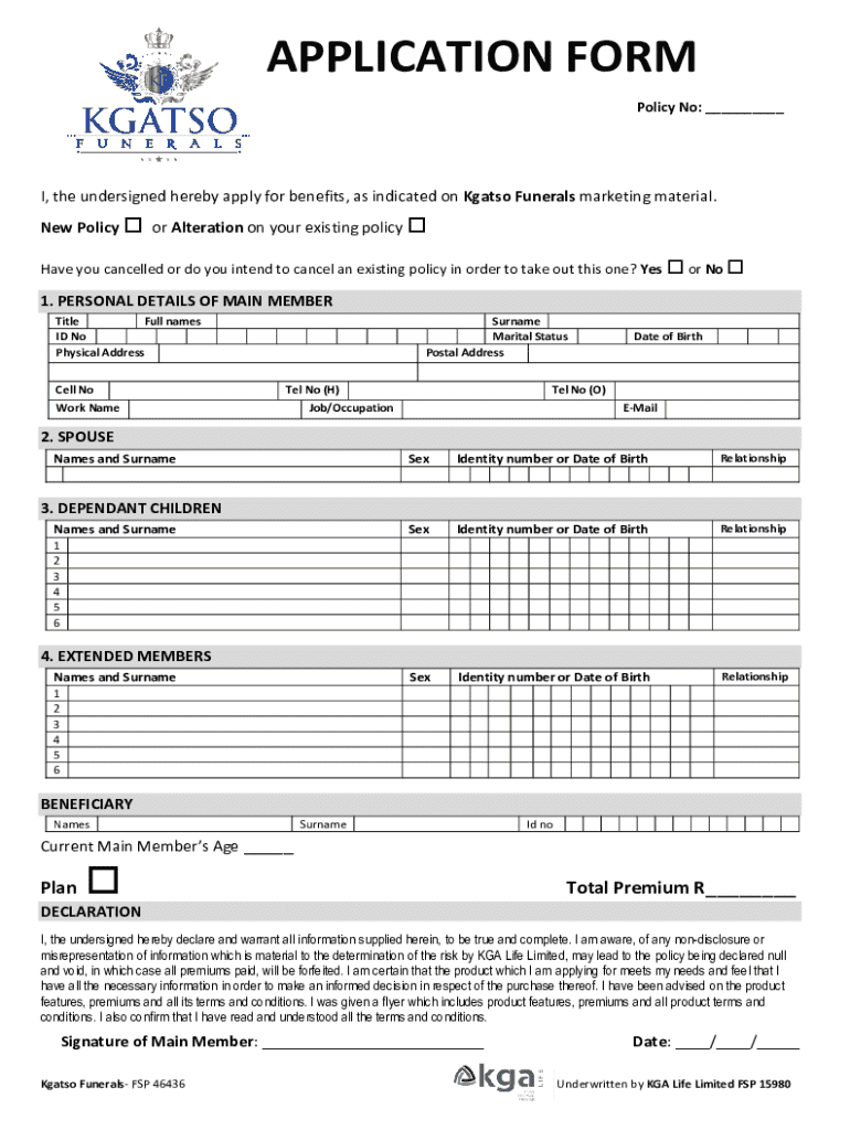Fillable Online Kgatso Funerals Application Form 2023: Policy Benefits ...