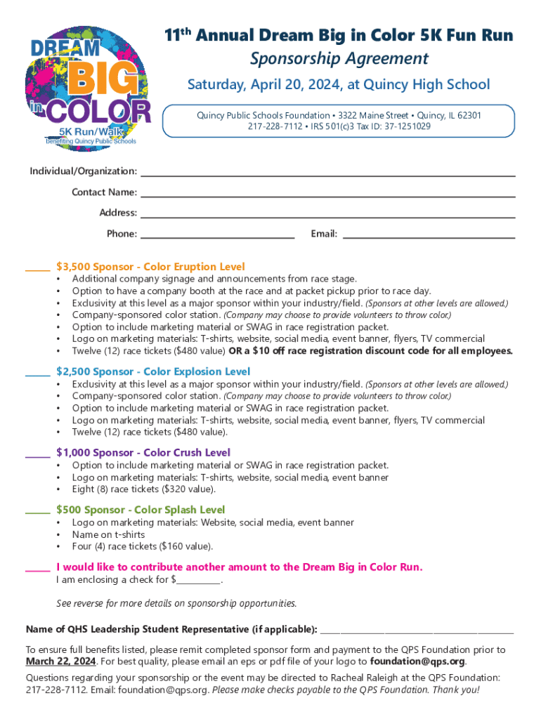 Fillable Online 2024 Dream Big in Color 5k Fun Run Sponsorship ...
