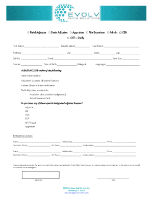 Fillable Online Evolv Claims Solutions Adjuster Licensing Worksheet ...