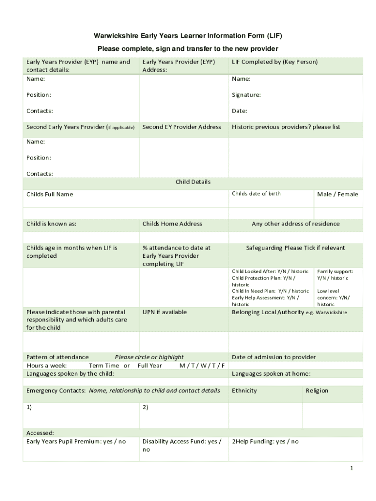 Fillable Online 1 Warwickshire Early Years Learner Information Form ...