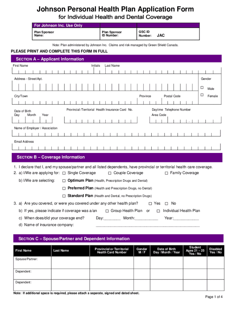 Fillable Online Johnson Personal Health Plan Application Form 2023 ...