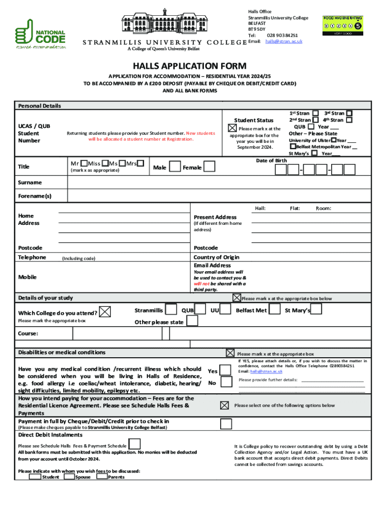 Fillable Online Halls of Residence 2024/25 and payment options. Fax ...